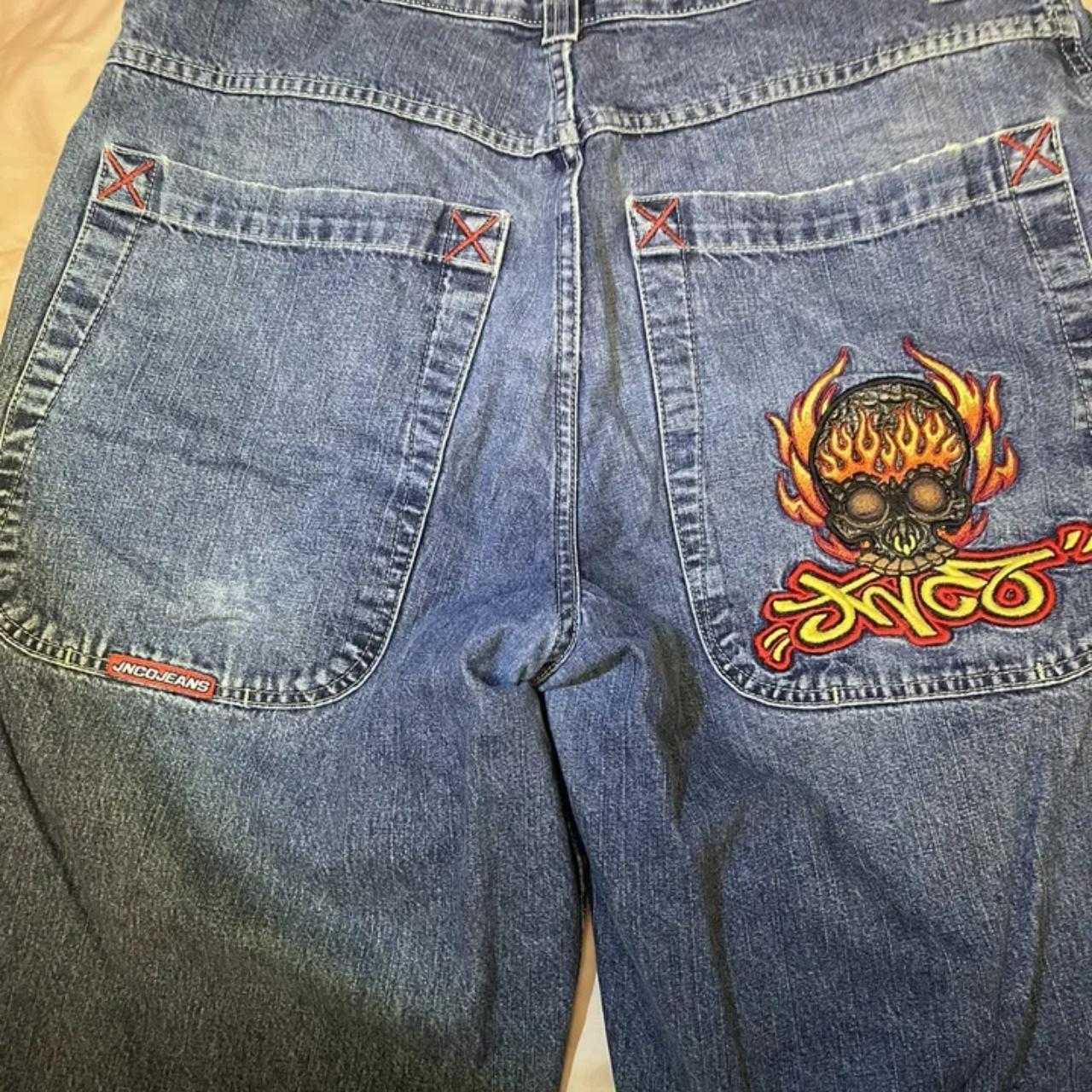 Original JNCO jeans Tribal Skull Flames 38x32 Late... - Depop