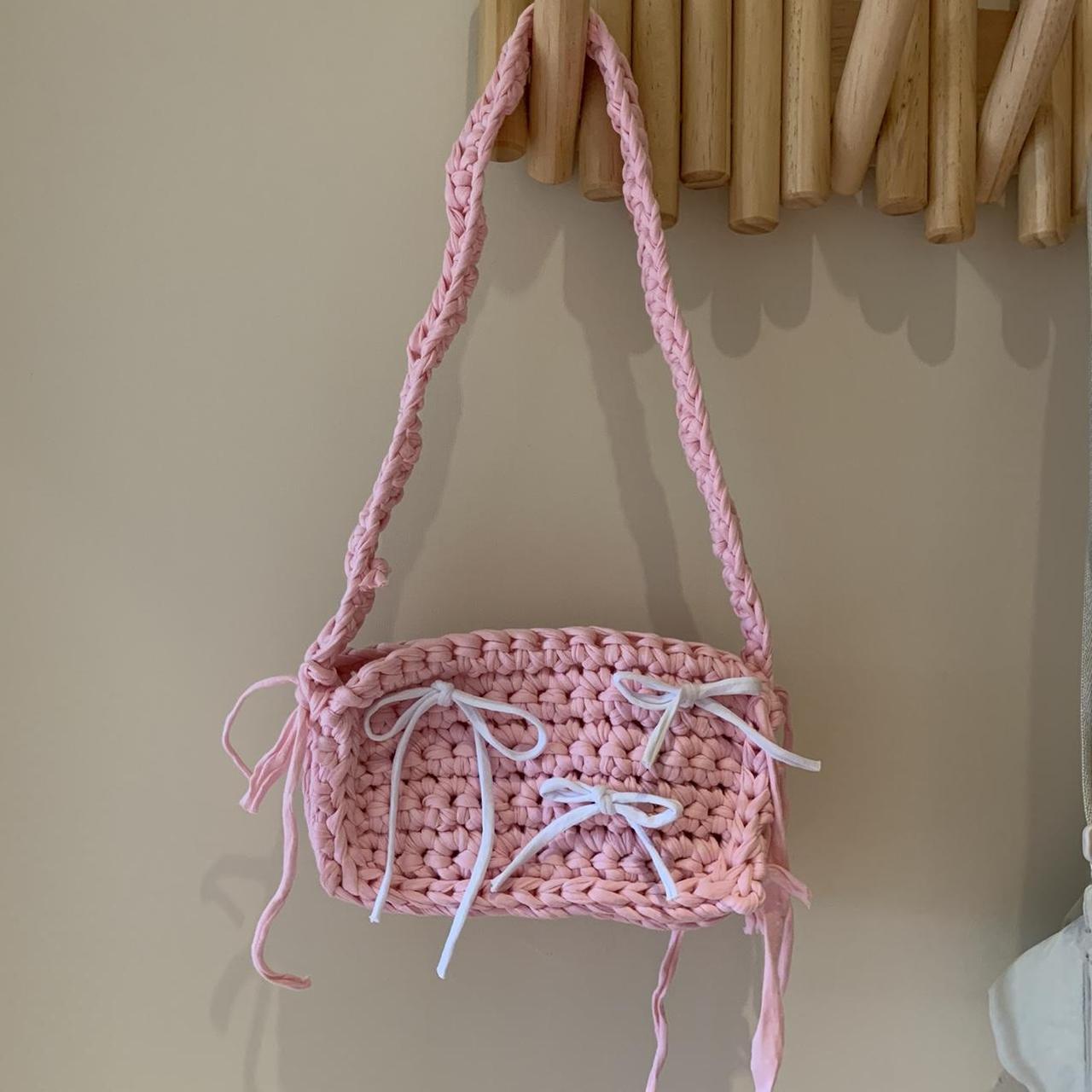 pink crochet shoulder bow bag undone crochet... - Depop