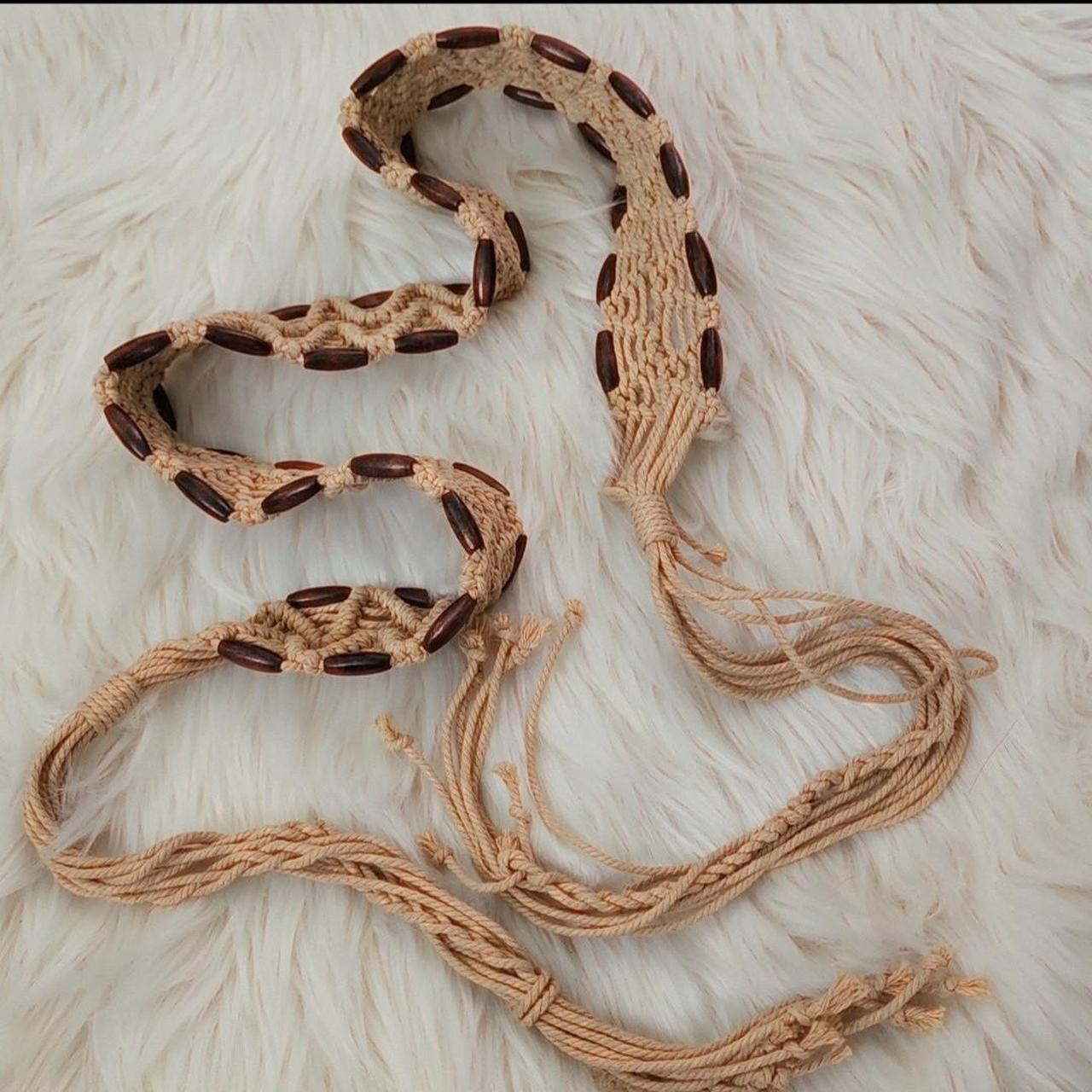 Vintage BoHo Tan Macrame Rope Belt with Wood... - Depop