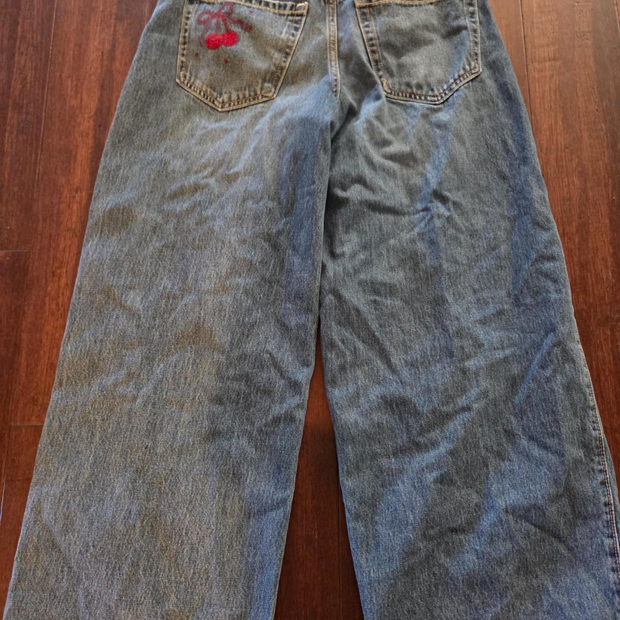 Hollister low rise baggy cherry embroidered jeans | Depop