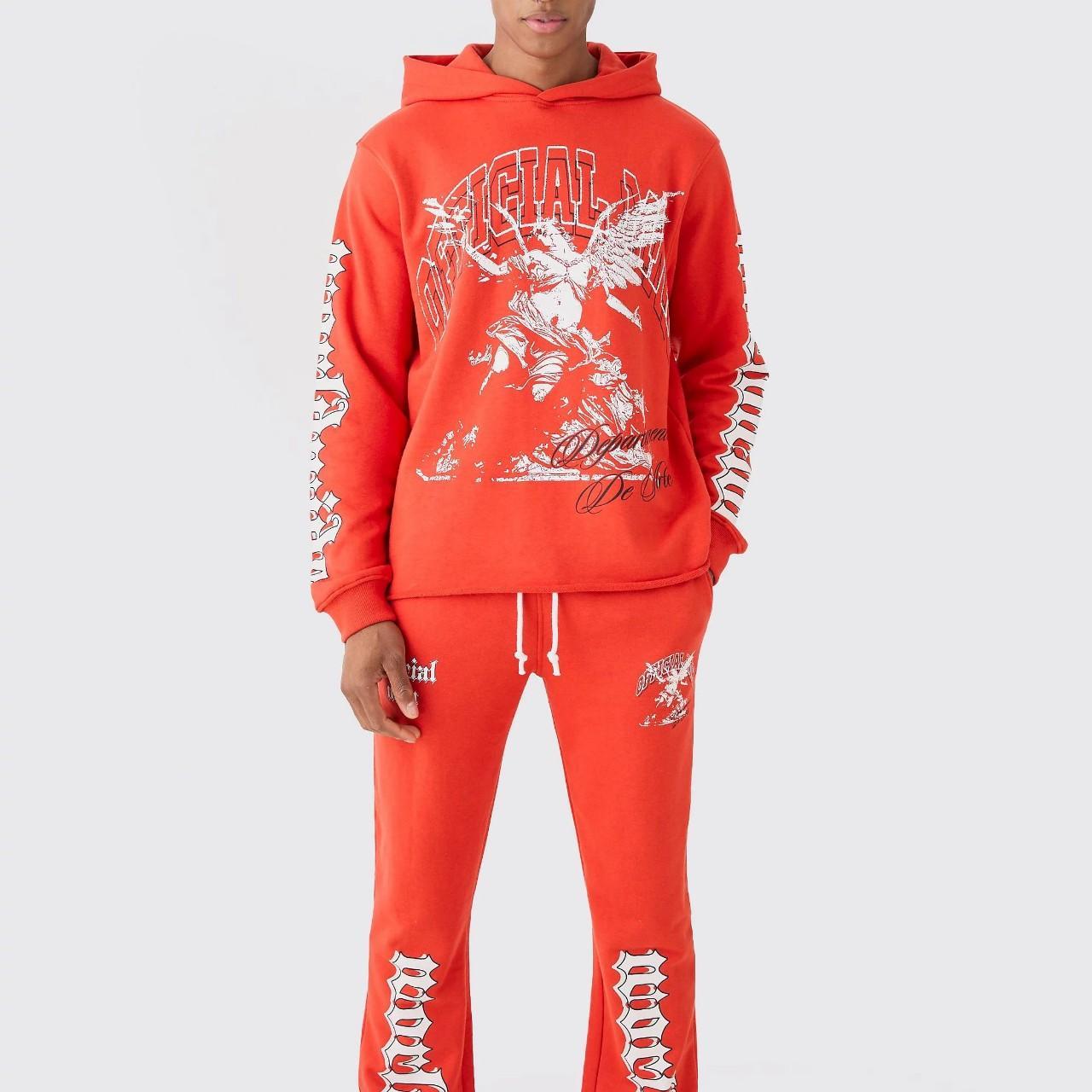 GRAPHIC RAW HEM FLARED TRACKSUIT RED - Depop