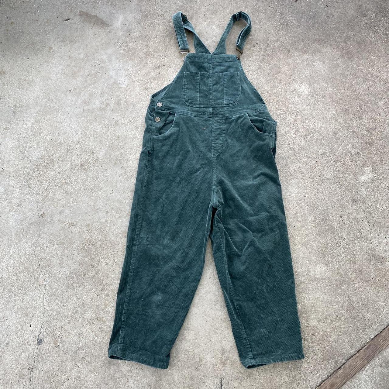 green corduroy overalls with some cool buttons, I... - Depop