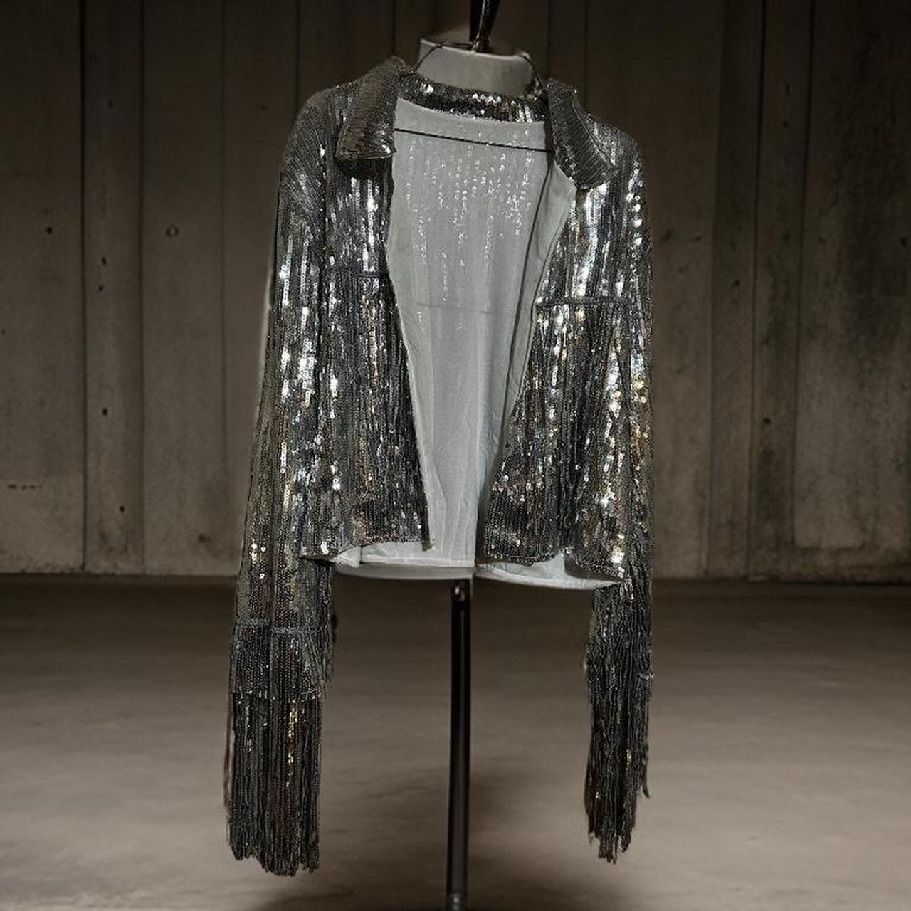 Silver sequin fringe jacket size LARGE - Depop