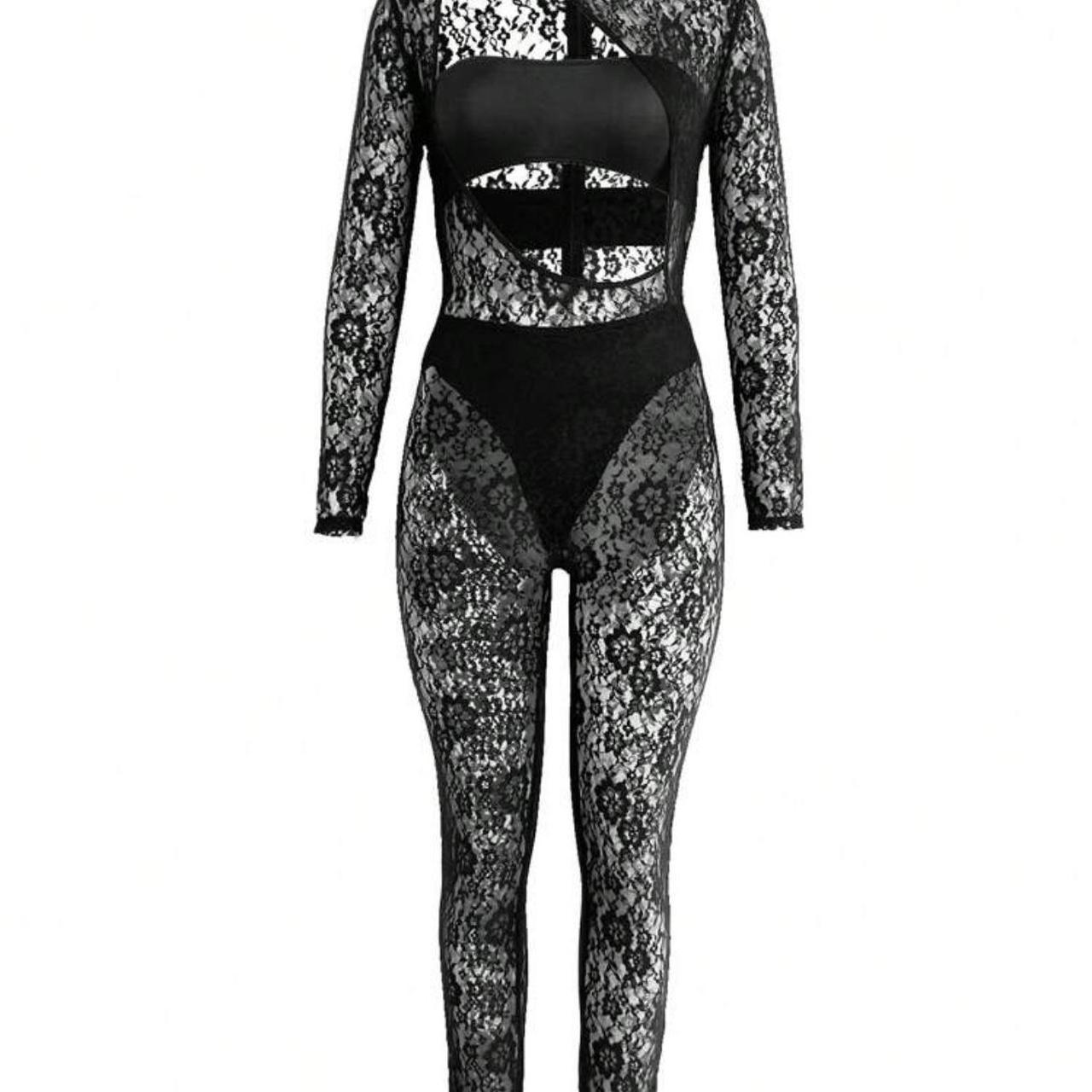 black lace all in one jumpsuit🖤 sold out on shein... - Depop