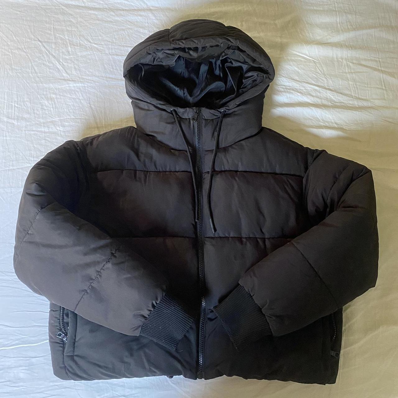 black Monki cropped puffer coat with hood, only worn... - Depop