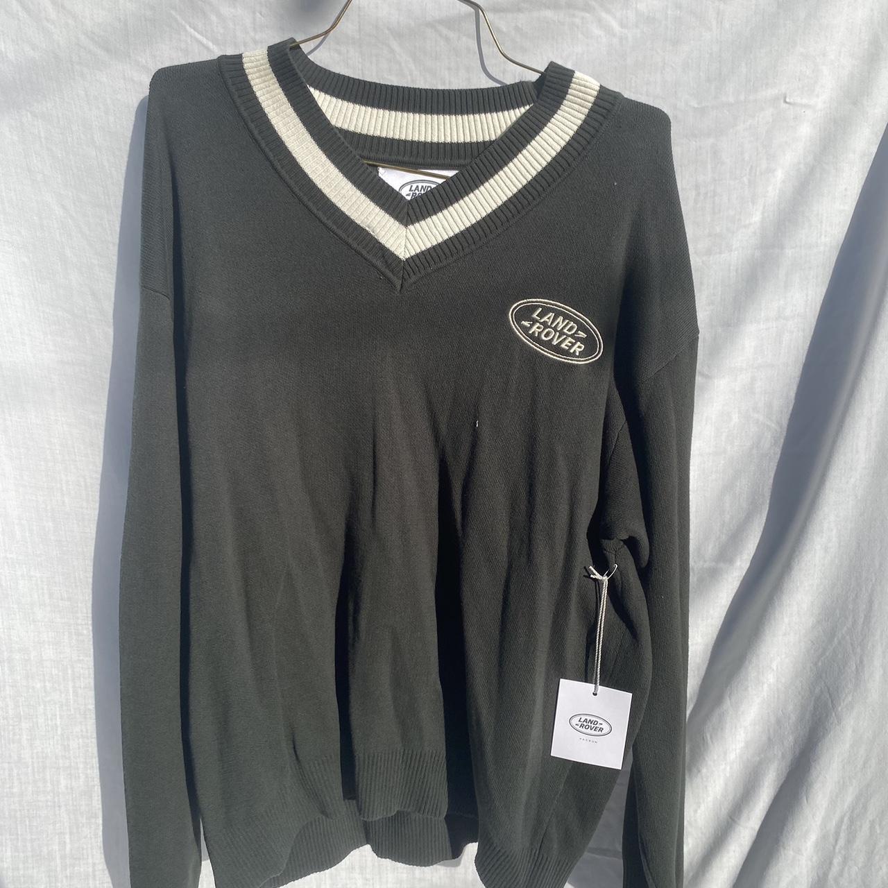 Land Rover green and white v-neck sweater - Depop