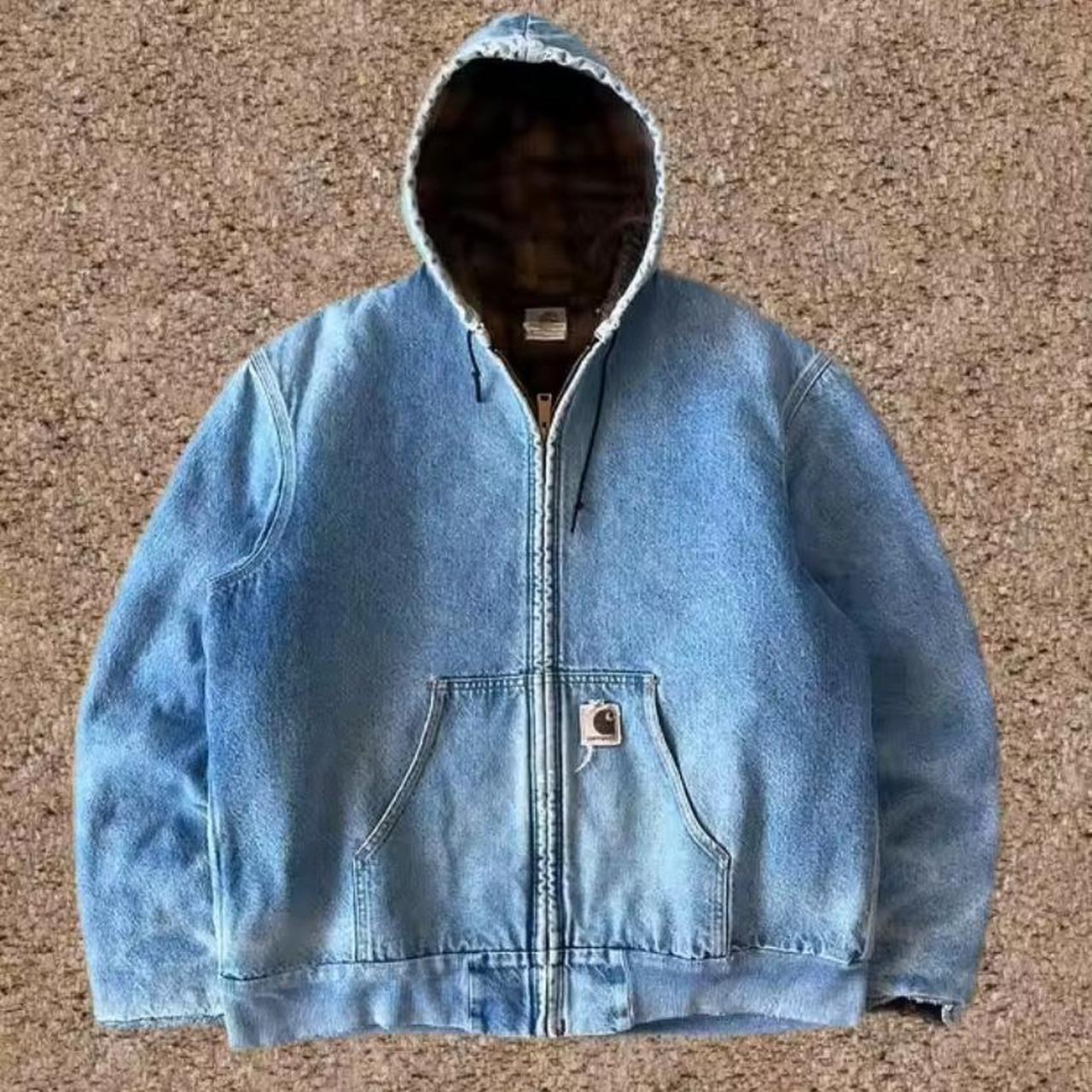 Carhartt blue denim jacket with plaid lining #grunge... | Depop