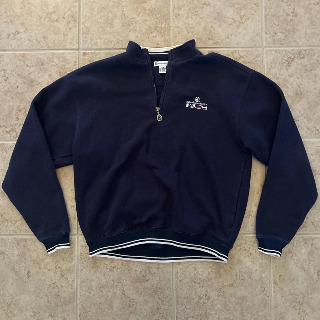 Navy blue quarter zip sweatshirt w/ white trim... | Depop