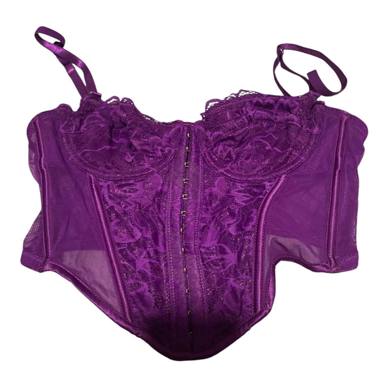Purple corset top with lace detailing and mesh... - Depop