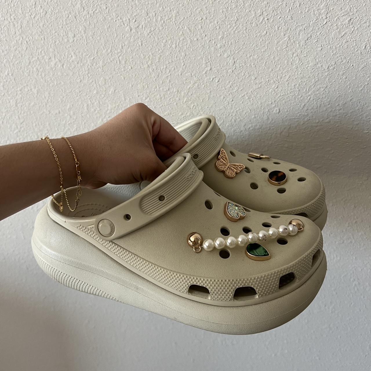 Lightly Used Platform Beige Crocs with cute charms! - Depop