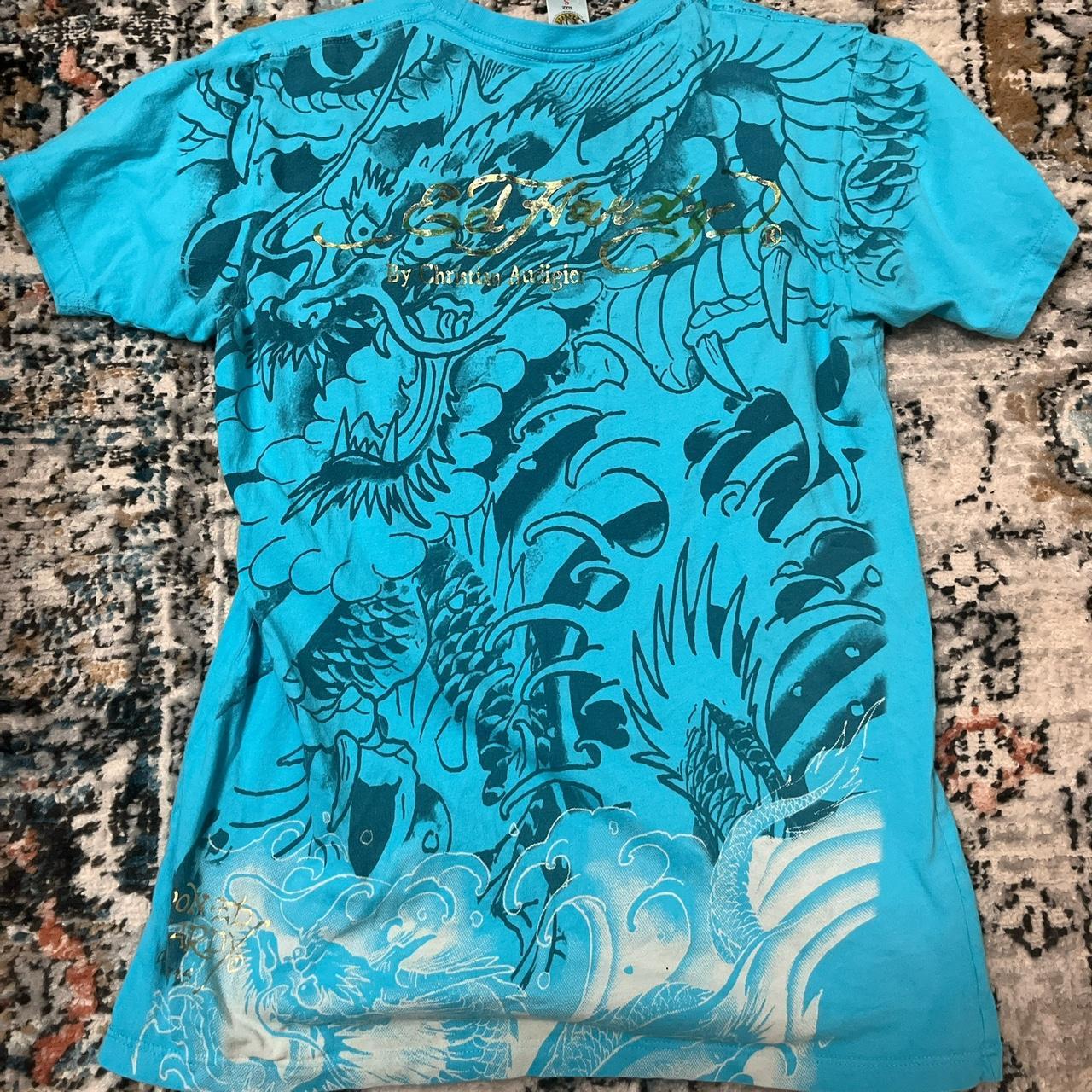 Ed Hardy blue and gold dragon tee | Depop