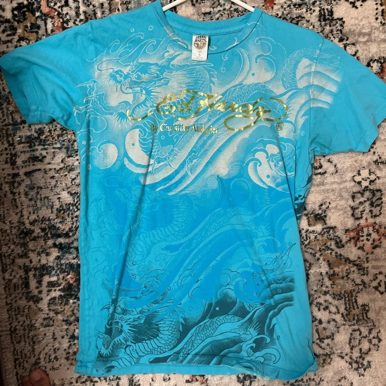 Ed Hardy blue and gold dragon tee | Depop