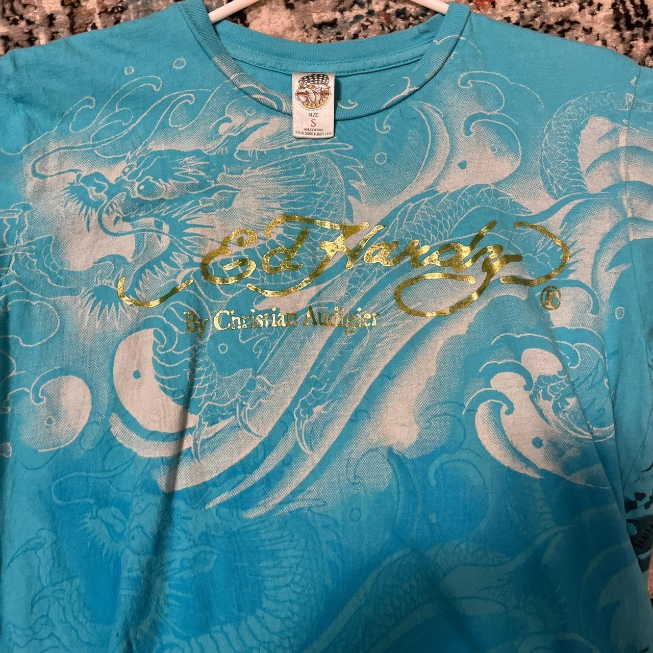 Ed Hardy blue and gold dragon tee | Depop