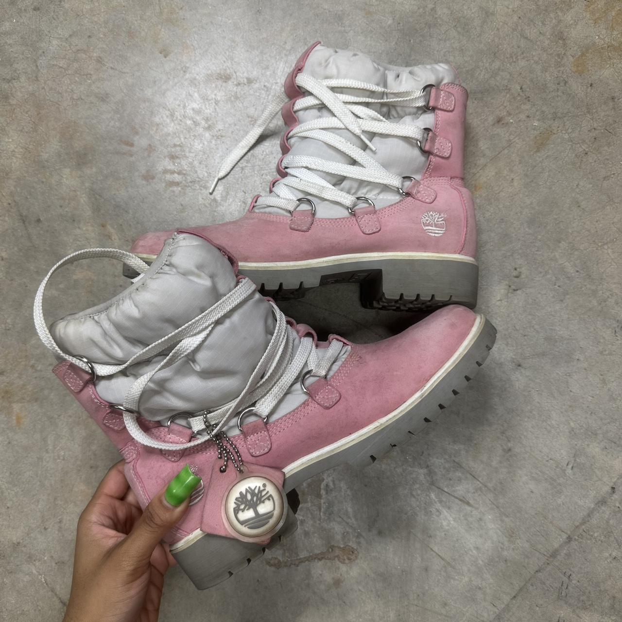 pink timberland boots with fleece lined inside size... | Depop
