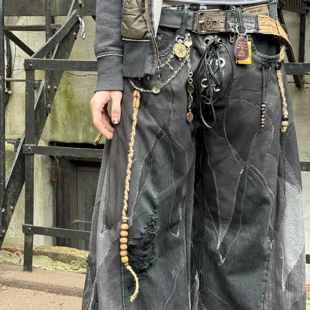 Patchwork flame inspired mesh embellished jeans.... | Depop