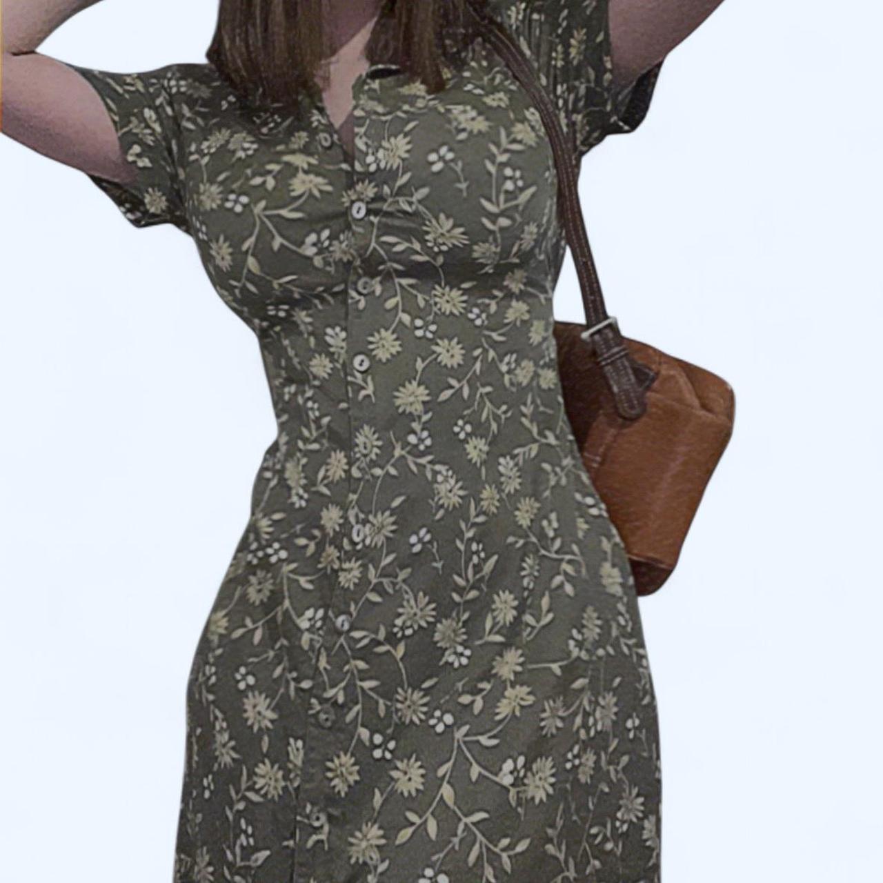 Green vintage floral midi dress with button-up... | Depop