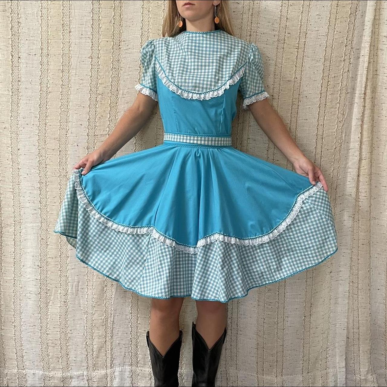 Vintage bright blue midi length square dancing dress... - Depop