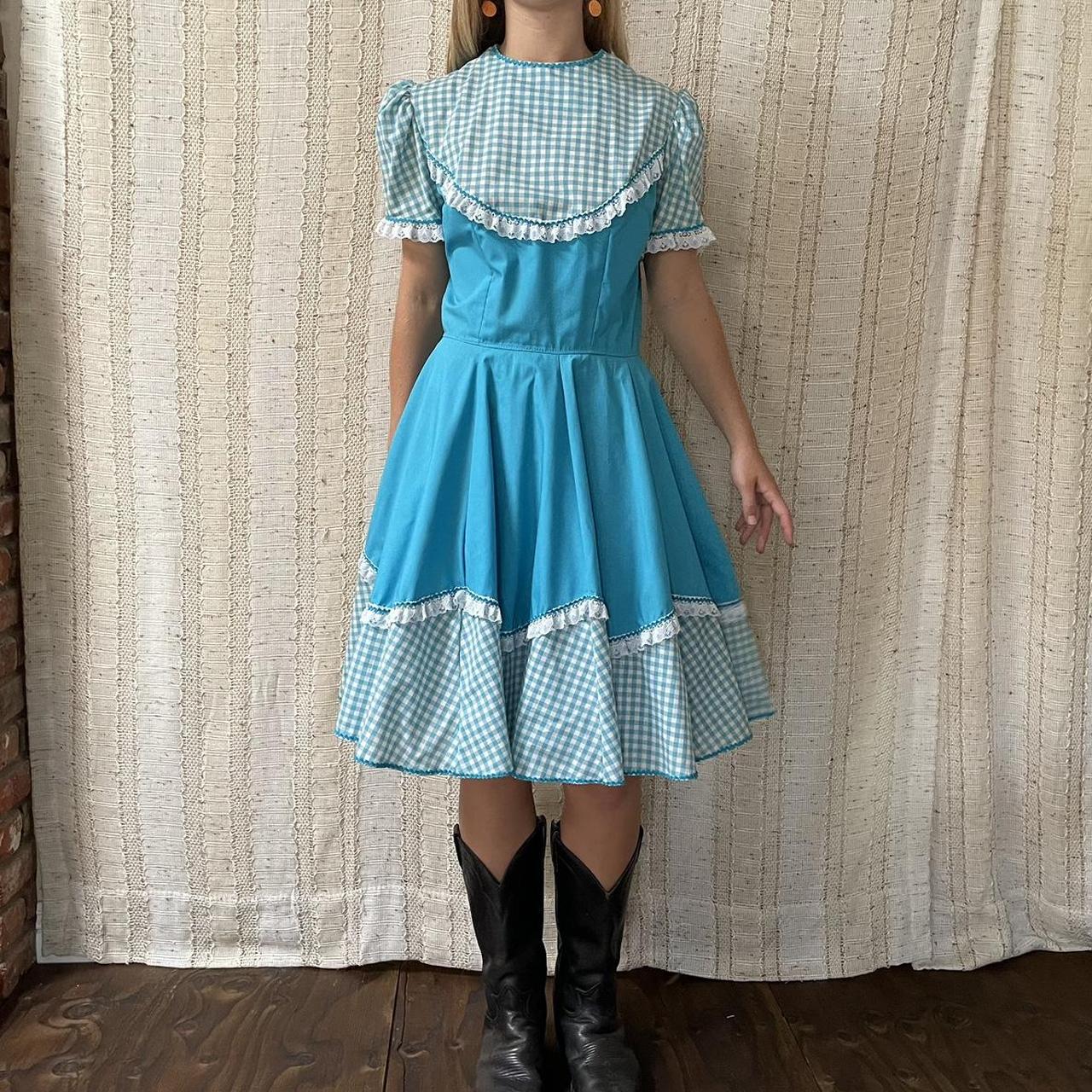 Vintage bright blue midi length square dancing dress... - Depop