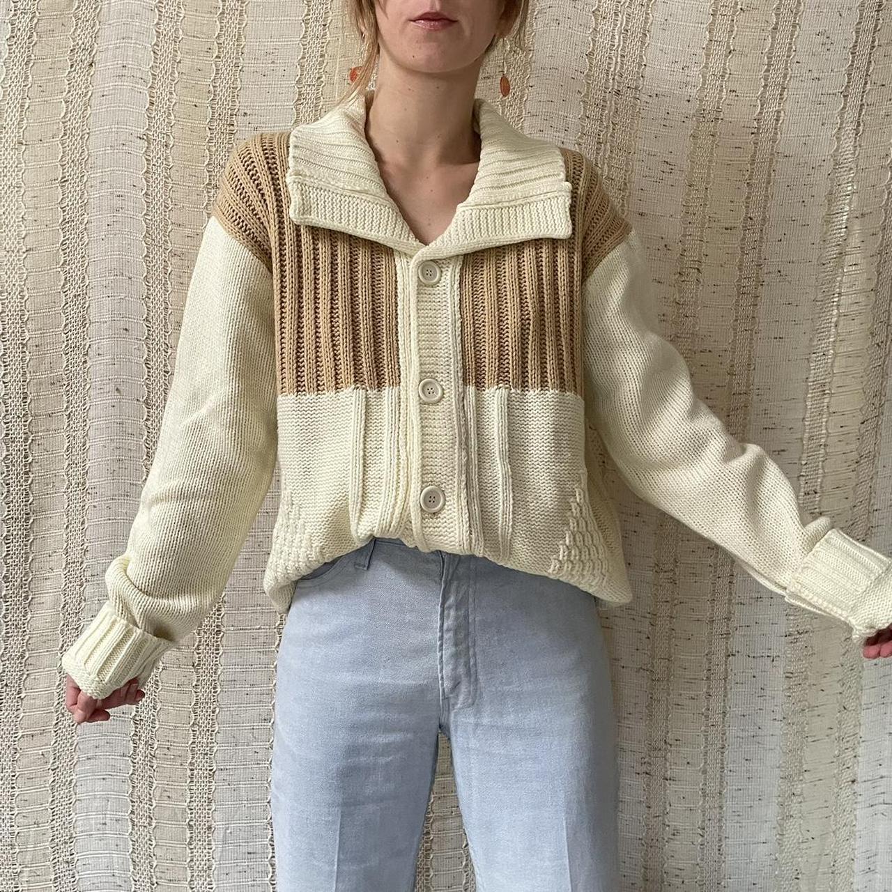 Vintage 70s cream knit button up cardigan sweater by... - Depop