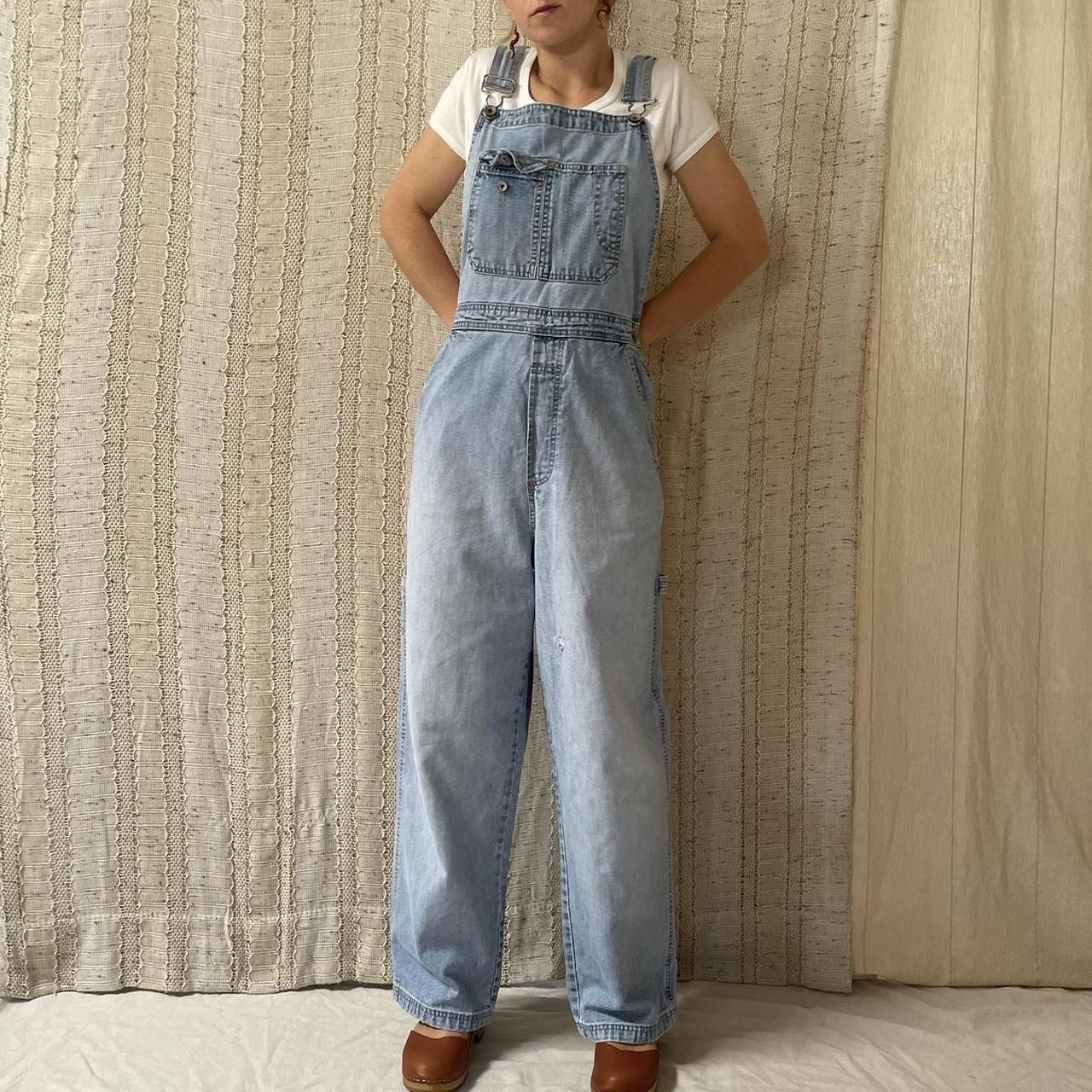 Vintage 90s light blue denim faded overalls by Gap... - Depop