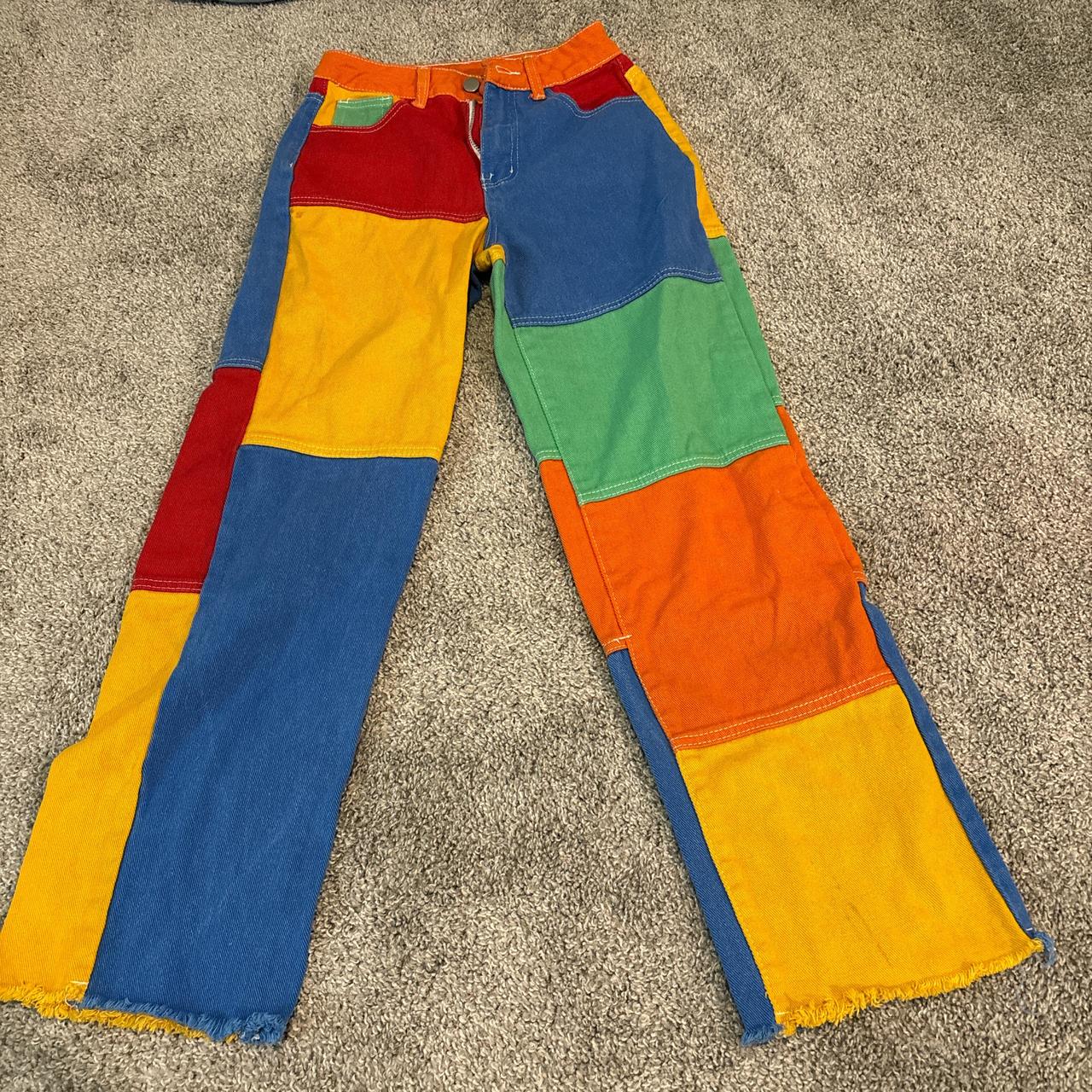 Multi Color Patchwork Jeans, Worn Once, Size XS - Depop