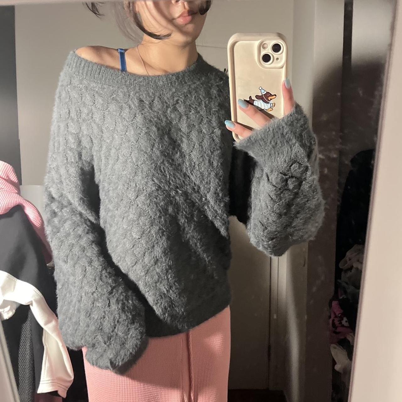 Grey oversized sweater with a fluffy texture winter... - Depop