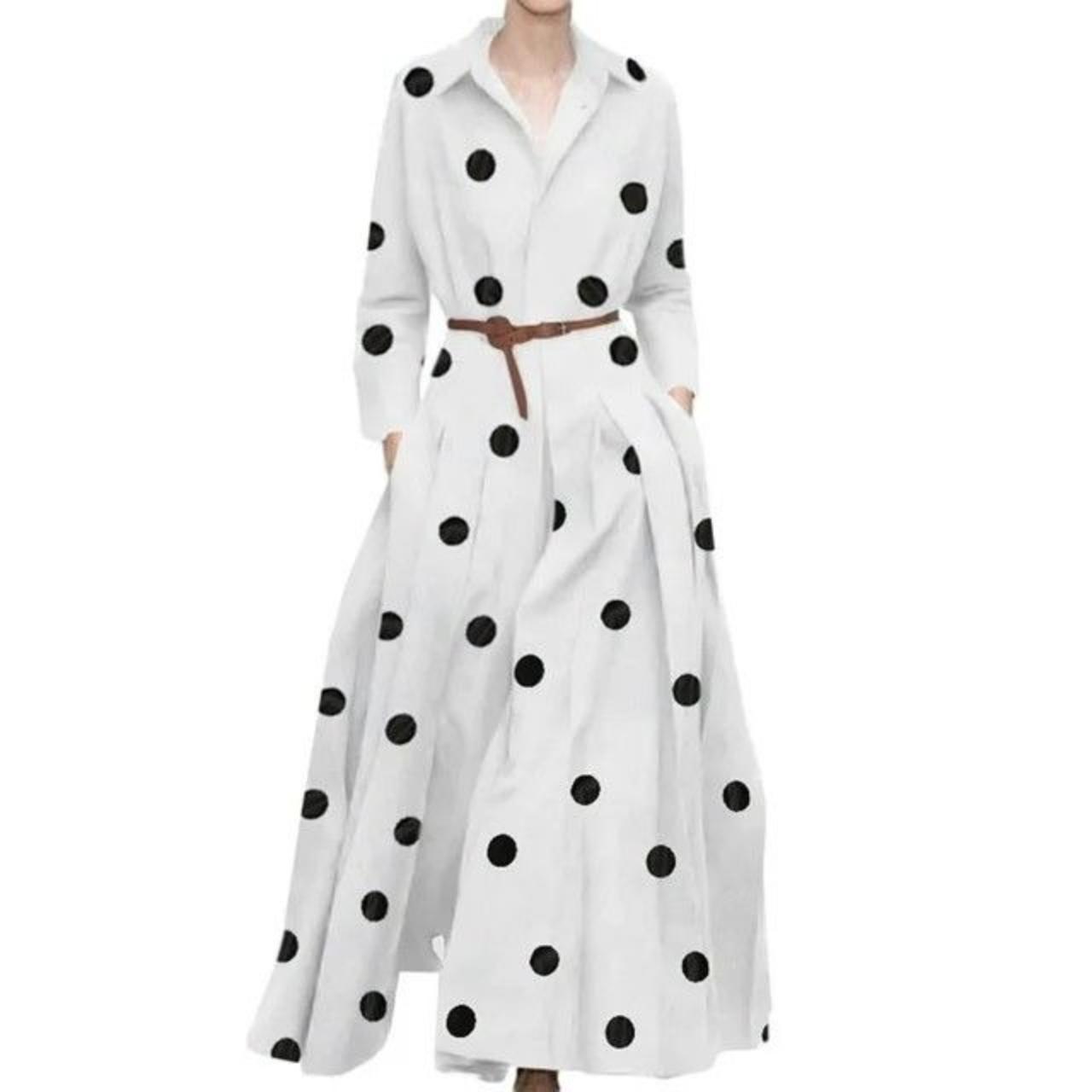 Women Lapel Long Sleeves Pleated Polka Dot A Swing... - Depop