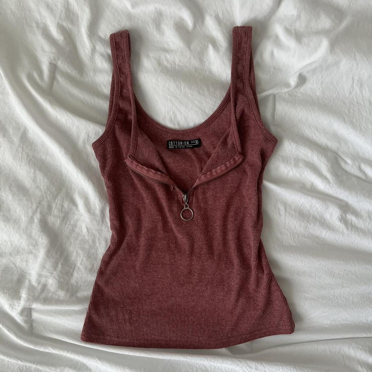 Burgundy and red ribbed tank top with zipper detail!... - Depop
