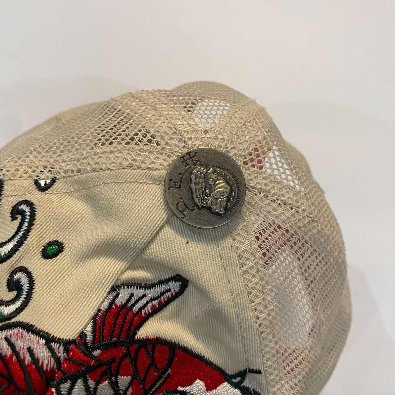 ed hardy fish embroidery cap White and Cream Hat - Depop