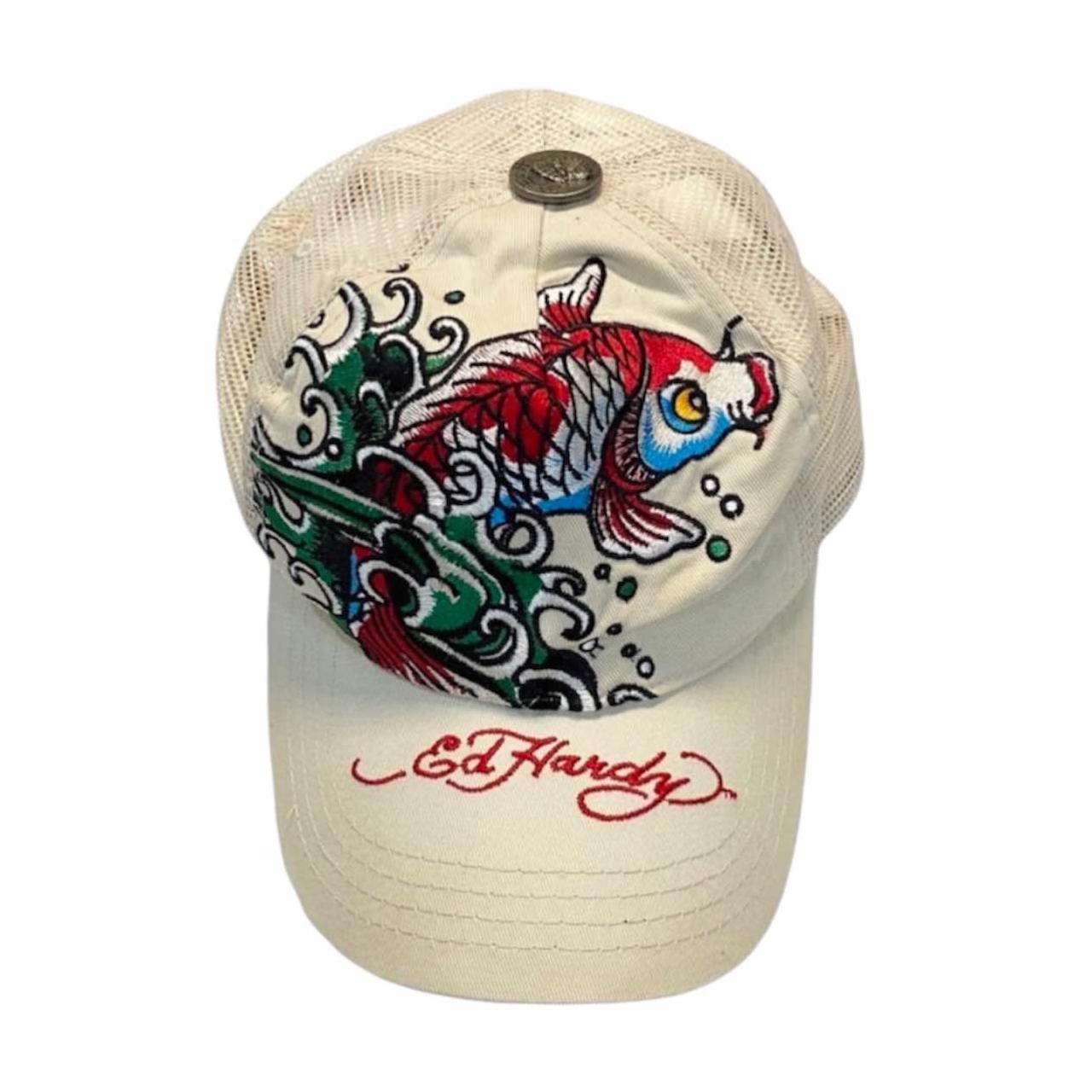 ed hardy fish embroidery cap White and Cream Hat - Depop