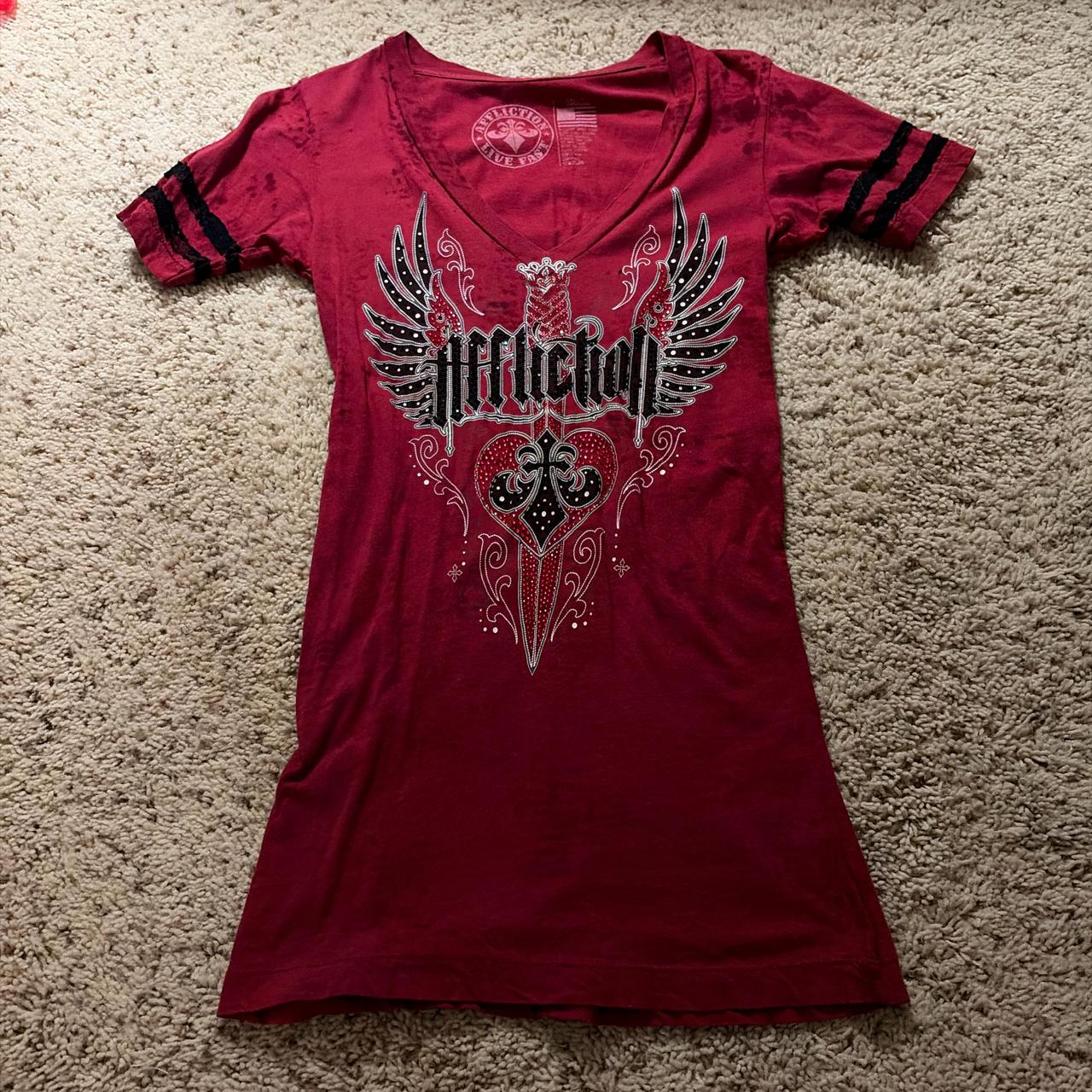 real affliction vneck beaded graphic on front lace... | Depop