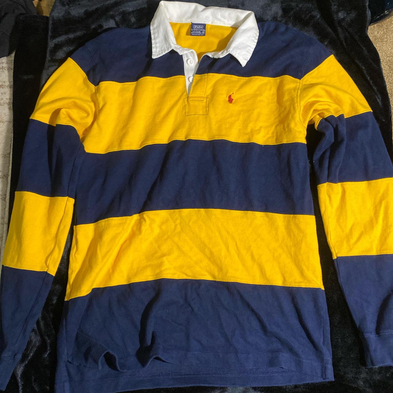 Ralph Lauren yellow and blue striped rugby shirt. no... - Depop