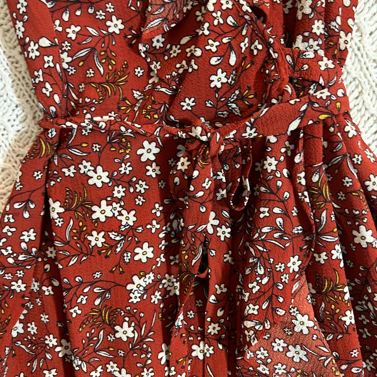 Copper floral high-low dress with side tie. Flowy... - Depop