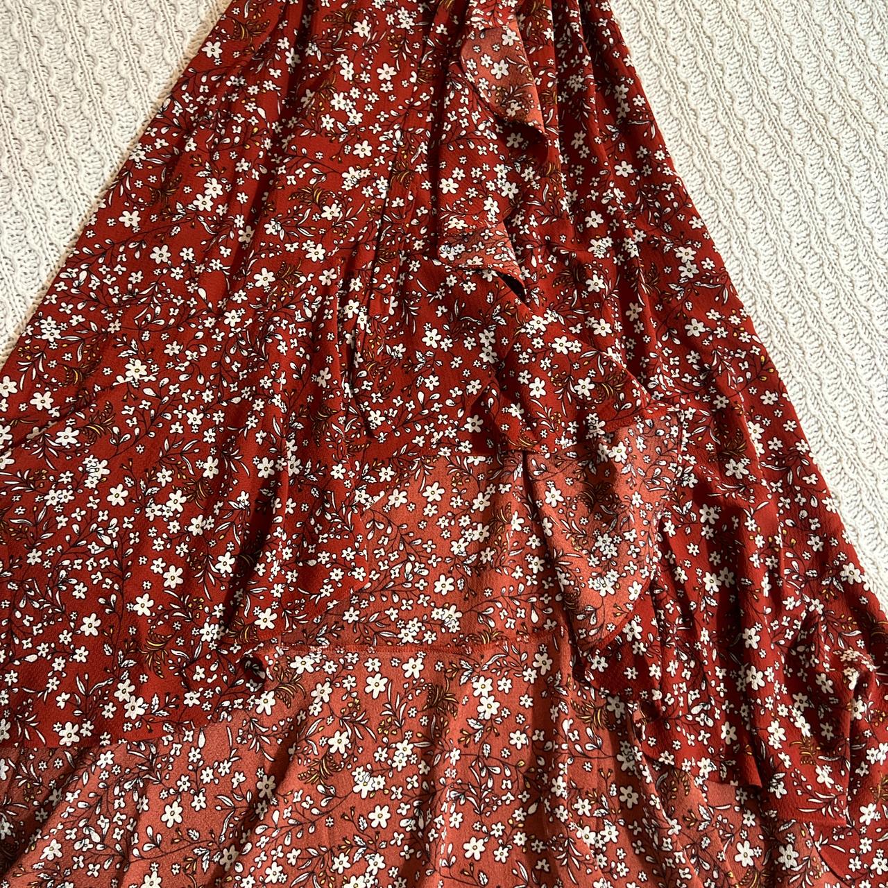 Copper floral high-low dress with side tie. Flowy... - Depop