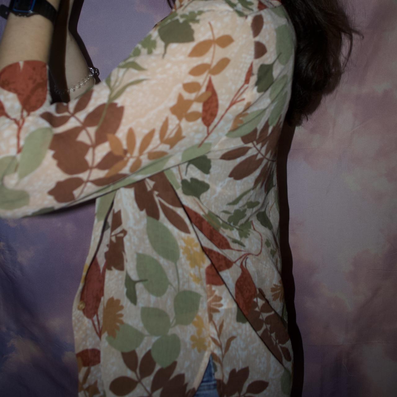Sheer Fall Foliage Print Collared Shirt - 3/4... | Depop