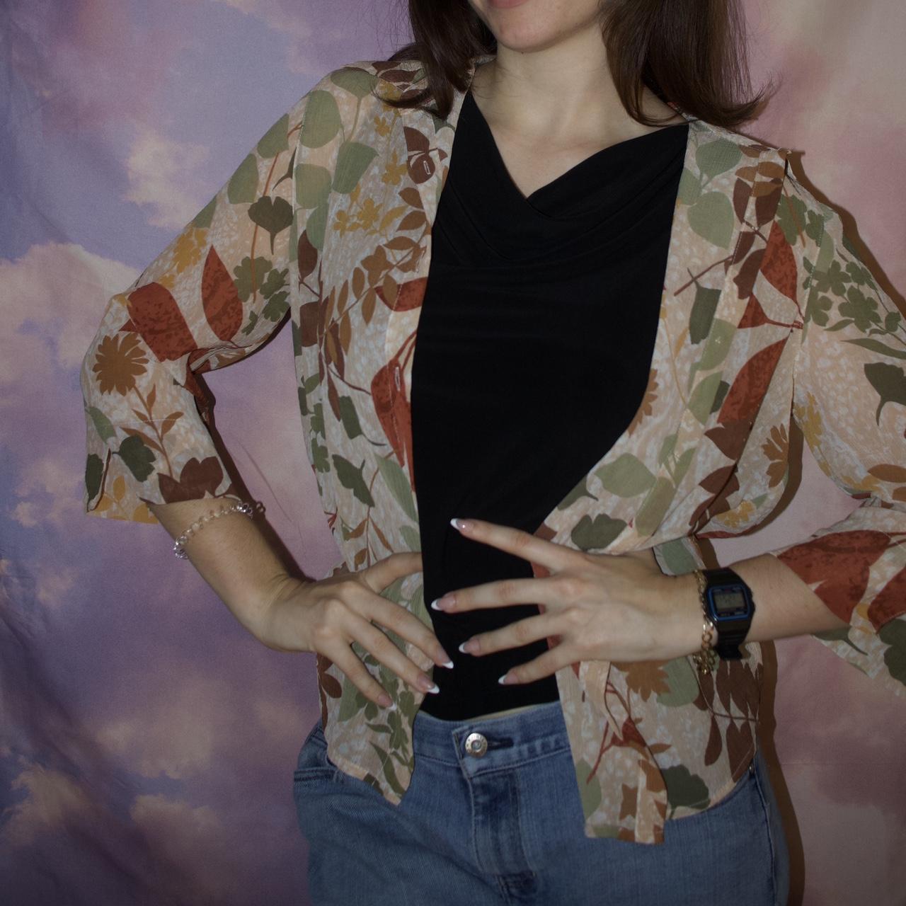 Sheer Fall Foliage Print Collared Shirt - 3/4... | Depop
