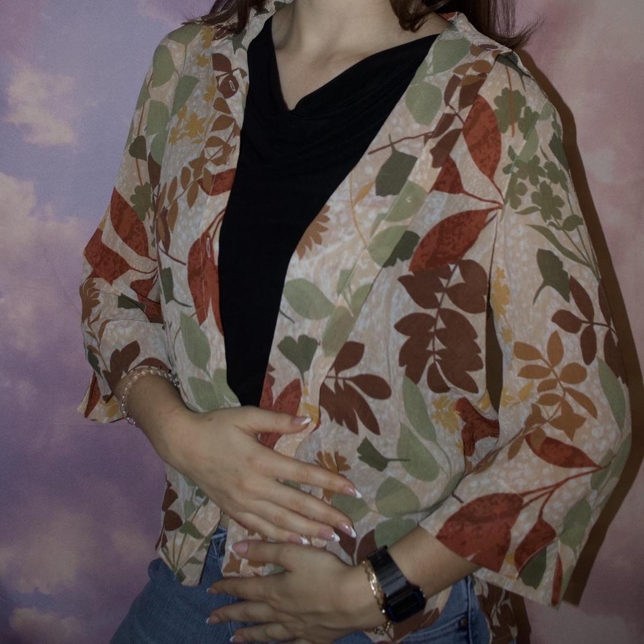 Sheer Fall Foliage Print Collared Shirt - 3/4... | Depop