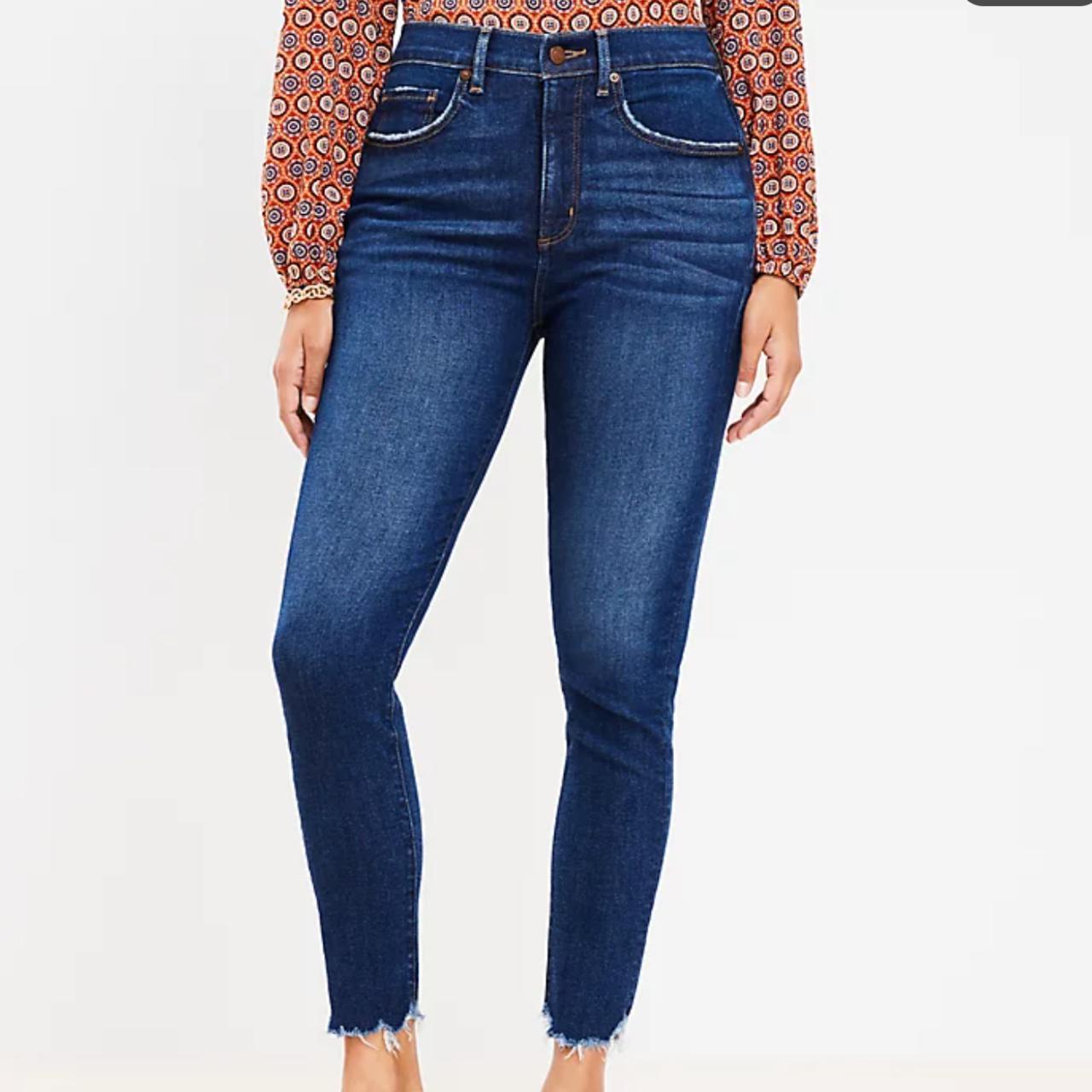 Loft Chewed Hem High Rise Skinny Jeans in Dark... - Depop
