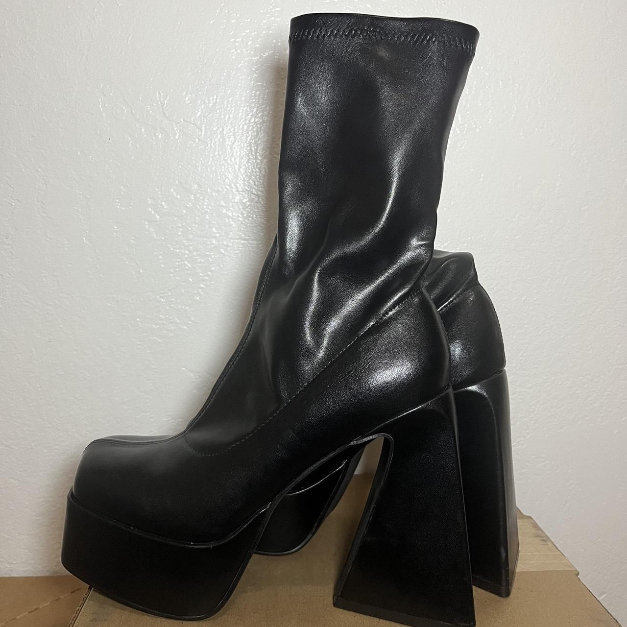 Black Platform Stretch Boots - Chunky Heel size... - Depop