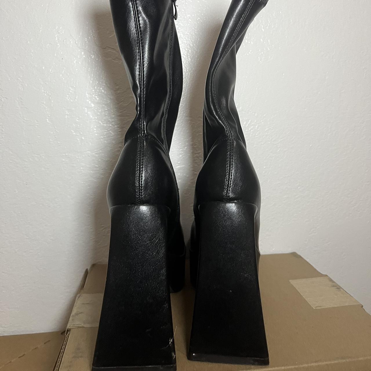 Black Platform Stretch Boots - Chunky Heel size... - Depop