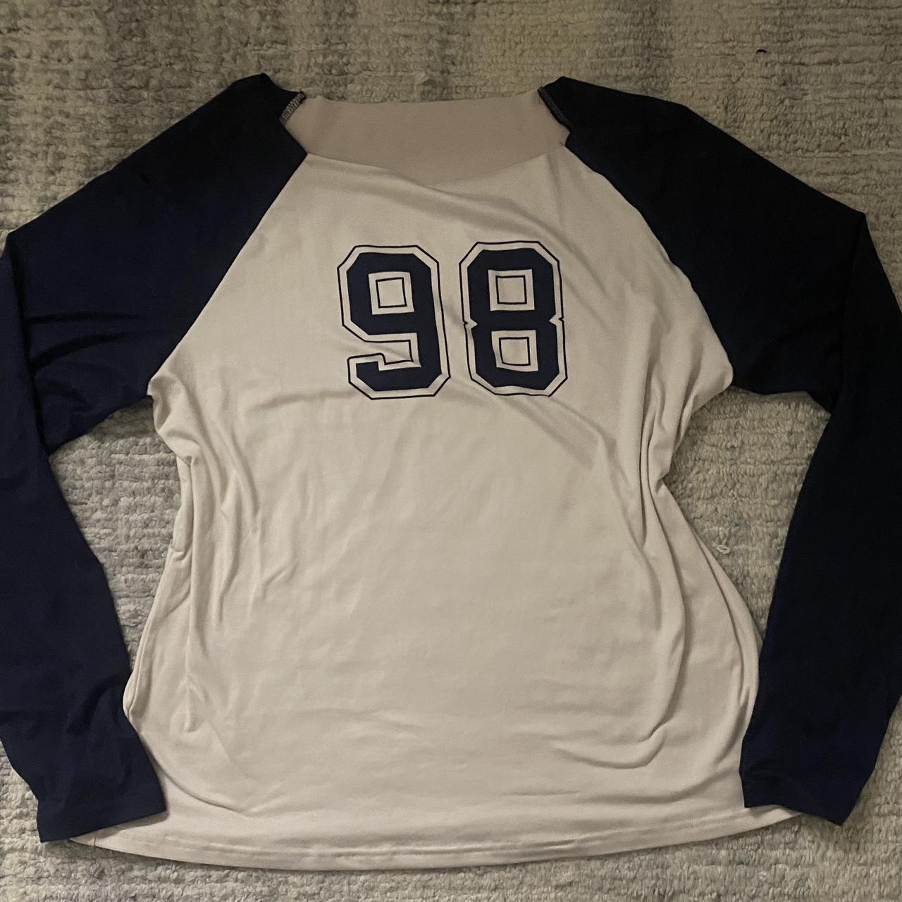 SHEIN 98 navy and cream baseball tee #98shirt... | Depop