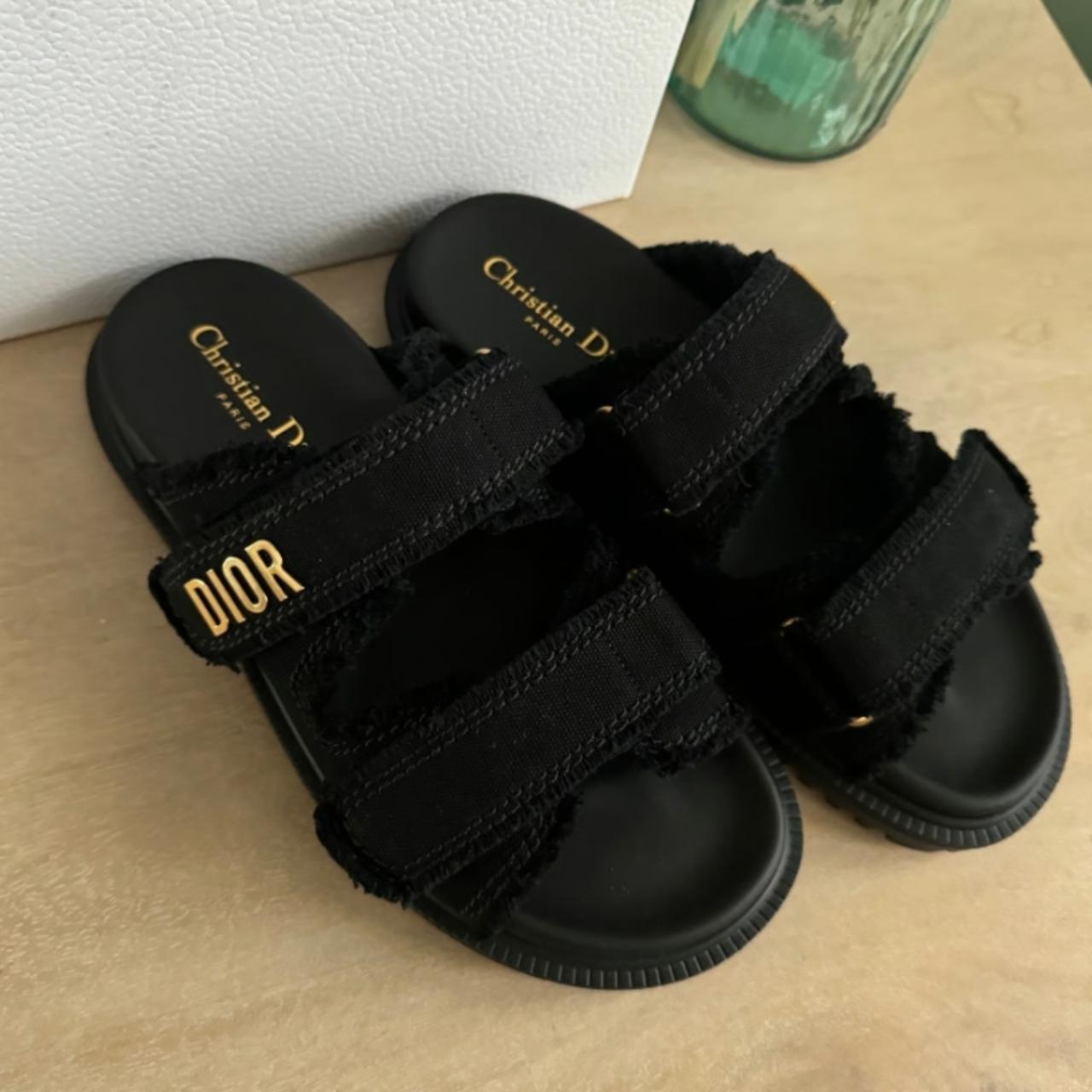NEW DIOR DIORACT SLIDES BLACK COTTON FRINGE... - Depop