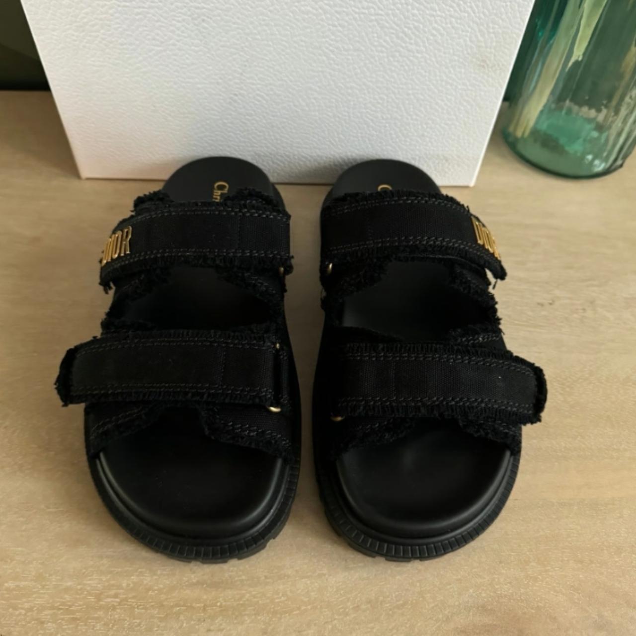 NEW DIOR DIORACT SLIDES BLACK COTTON FRINGE... - Depop