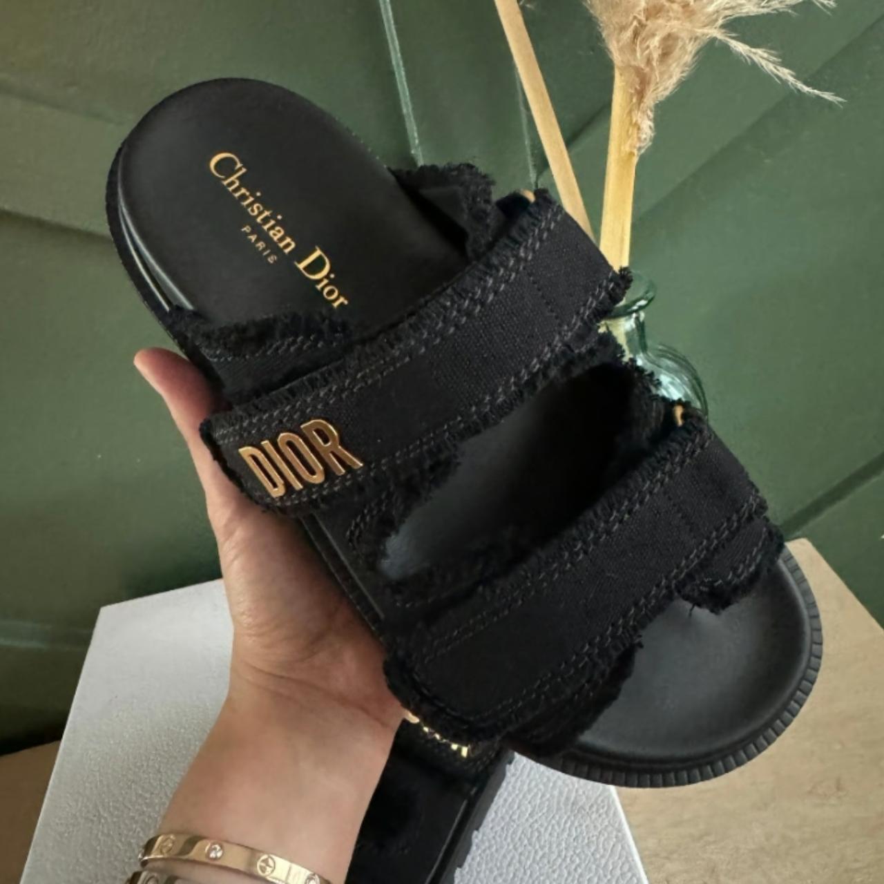 NEW DIOR DIORACT SLIDES BLACK COTTON FRINGE... - Depop