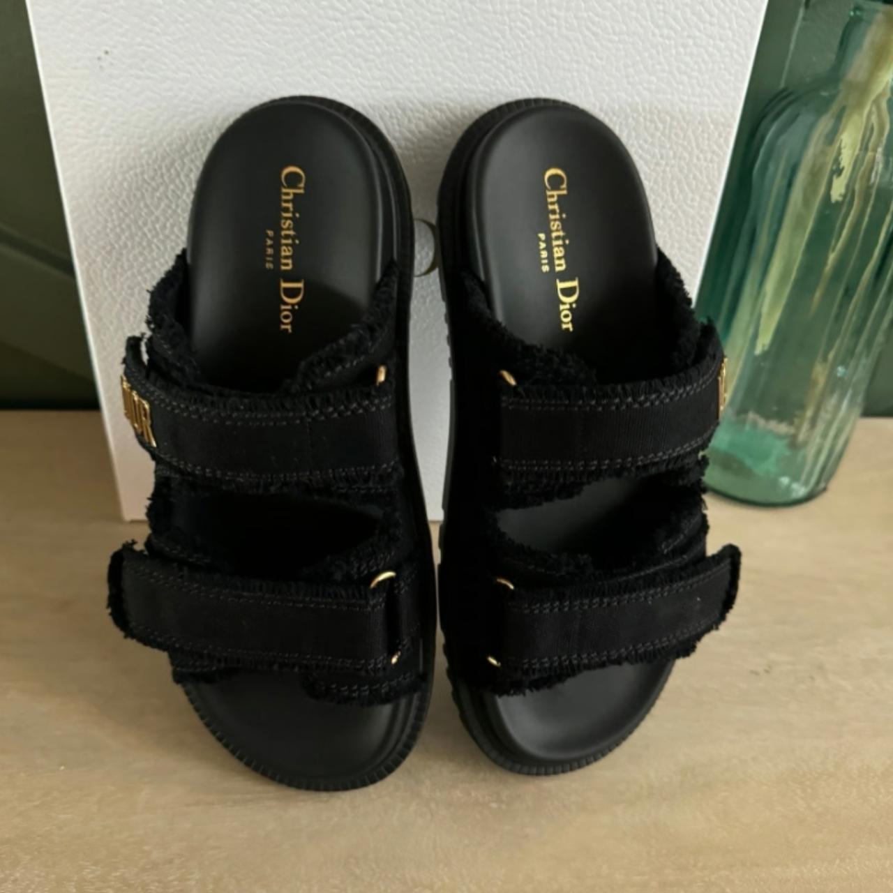 NEW DIOR DIORACT SLIDES BLACK COTTON FRINGE... - Depop