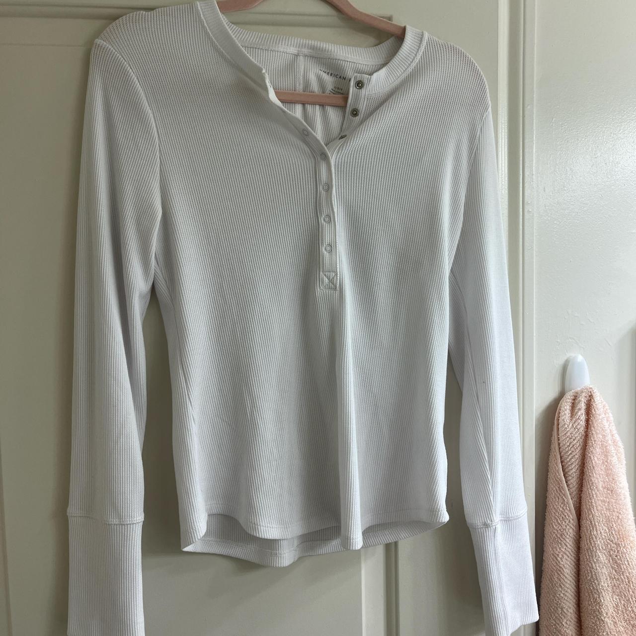american eagle white long sleeve top with button... - Depop