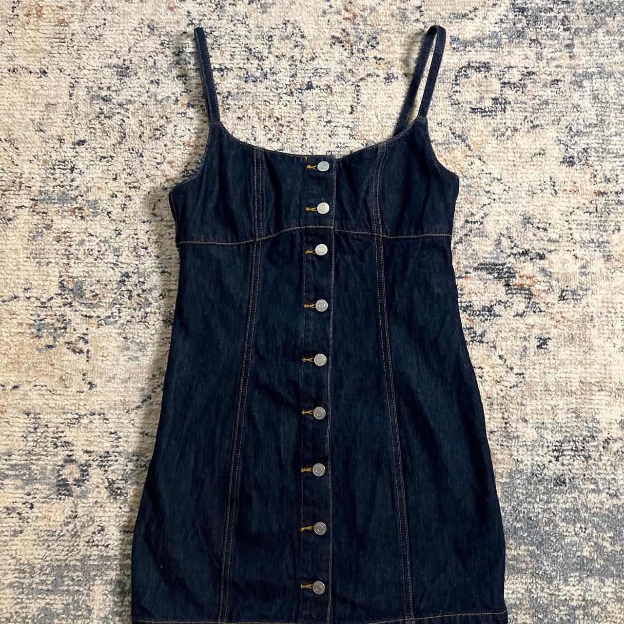 Black denim mini dress with button front detail... - Depop