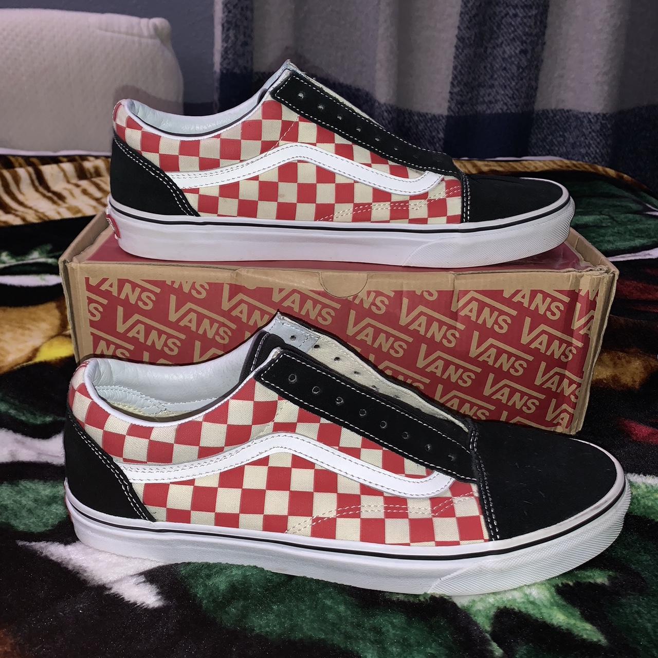 Old skool vans checkered red/white/black Size 11.5 - Depop