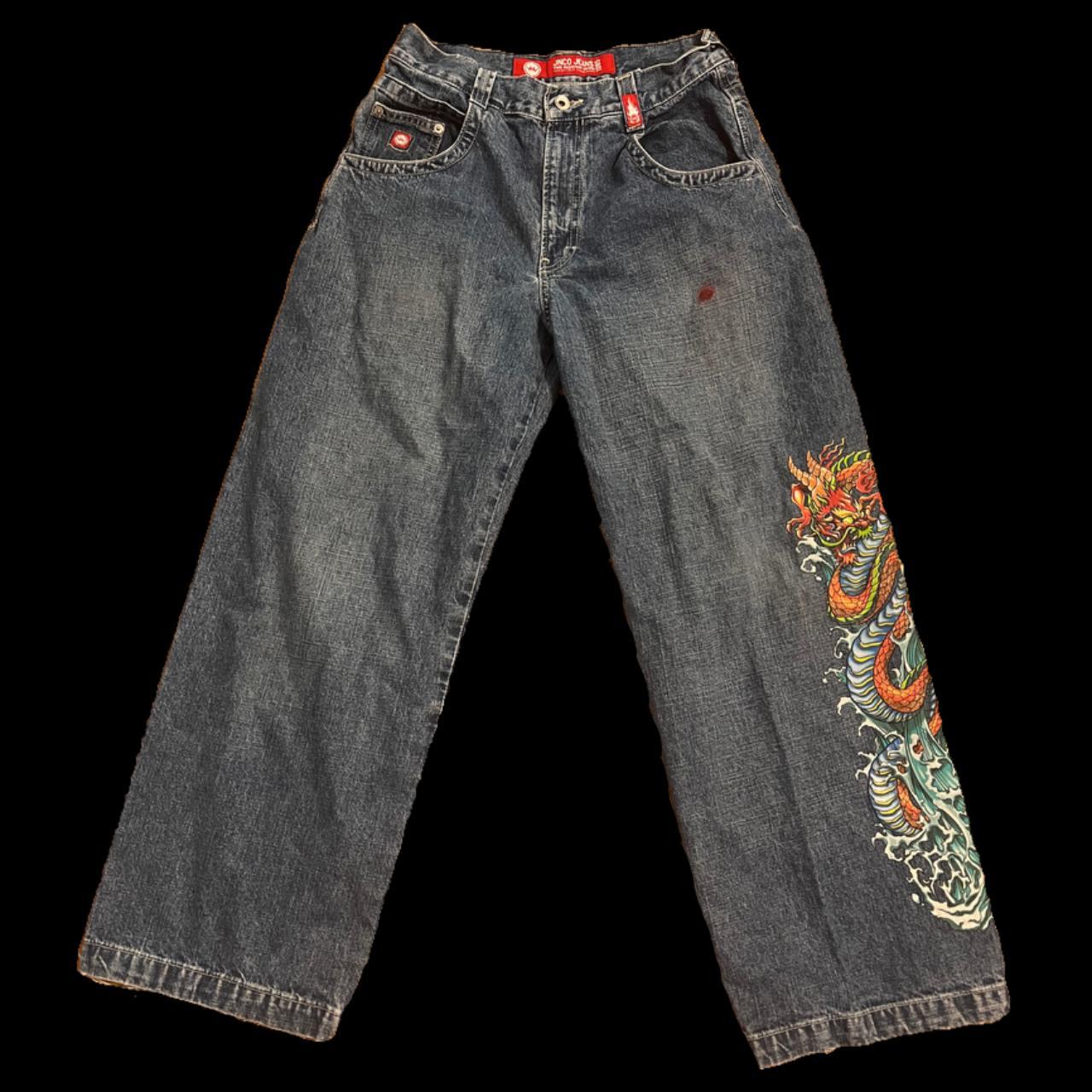 Early 2000s JNCO jeans, Dragon design with tribal... - Depop