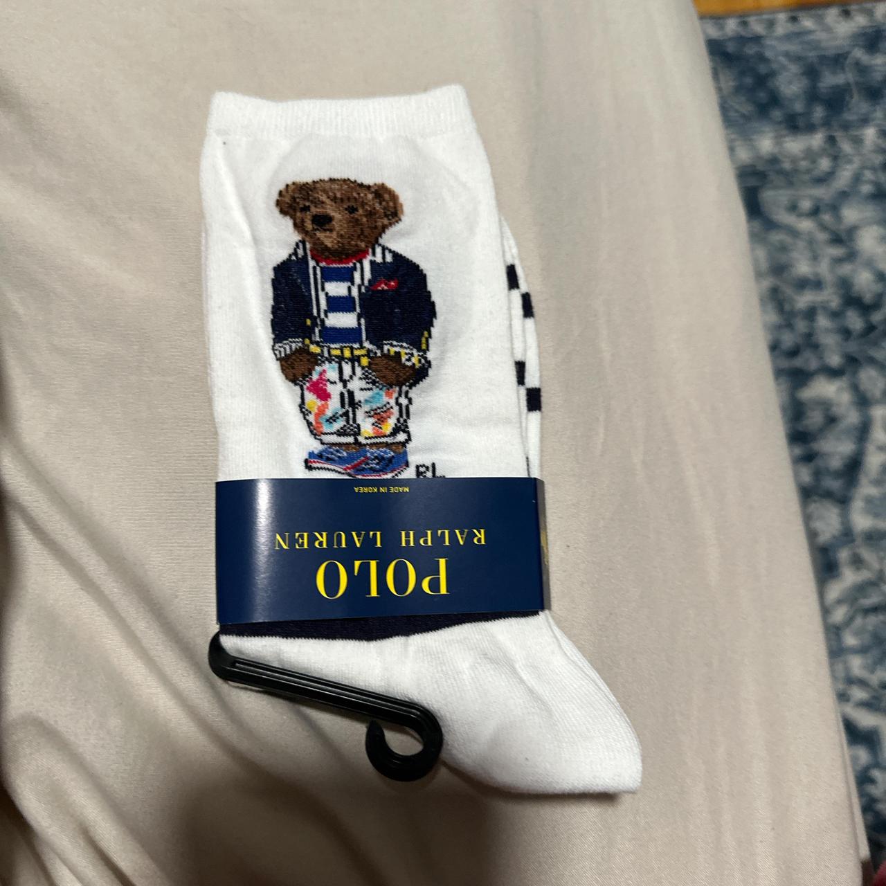 Polo Teddy Bear socks, white striped calf socks with... - Depop